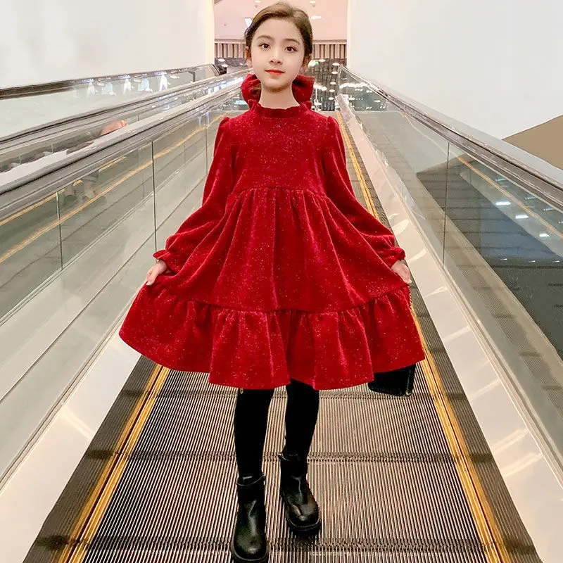 2025 spring winter Kids Girls solid red glitter lace petal Princess ...
