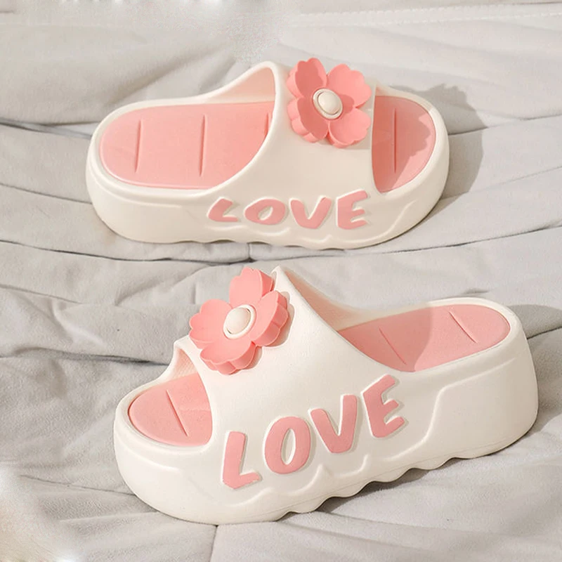 New pink flower high heel slipper women's outdoor slides sweet backless ...