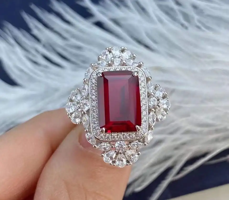 Famous 925 Sterling Silver Red Ruby Ring Women Rectangular Zircon ...