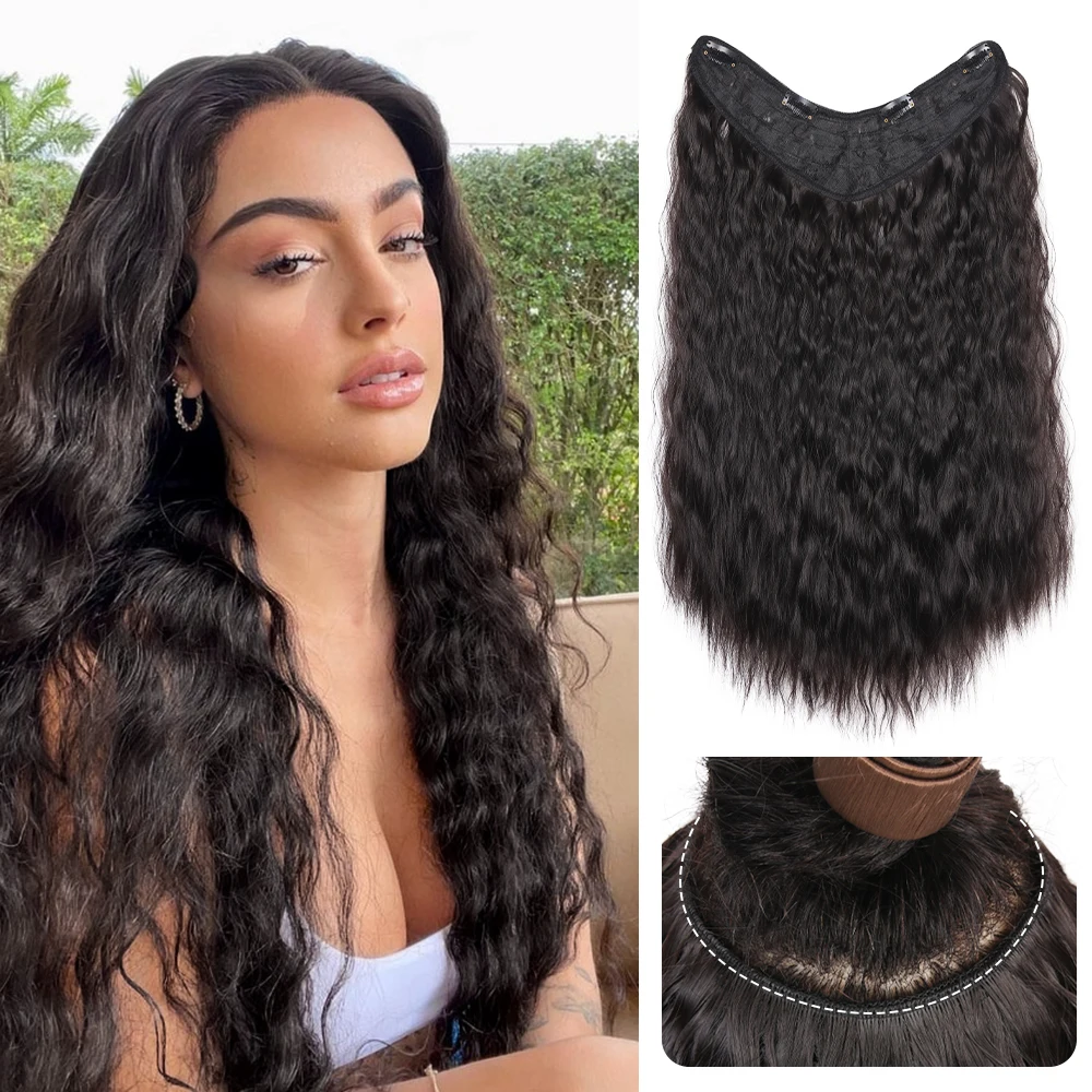 V-Shaped-Synthetic-One-Piece-Hair-Fake-Hair-Extension-Clip-In-Curly ...