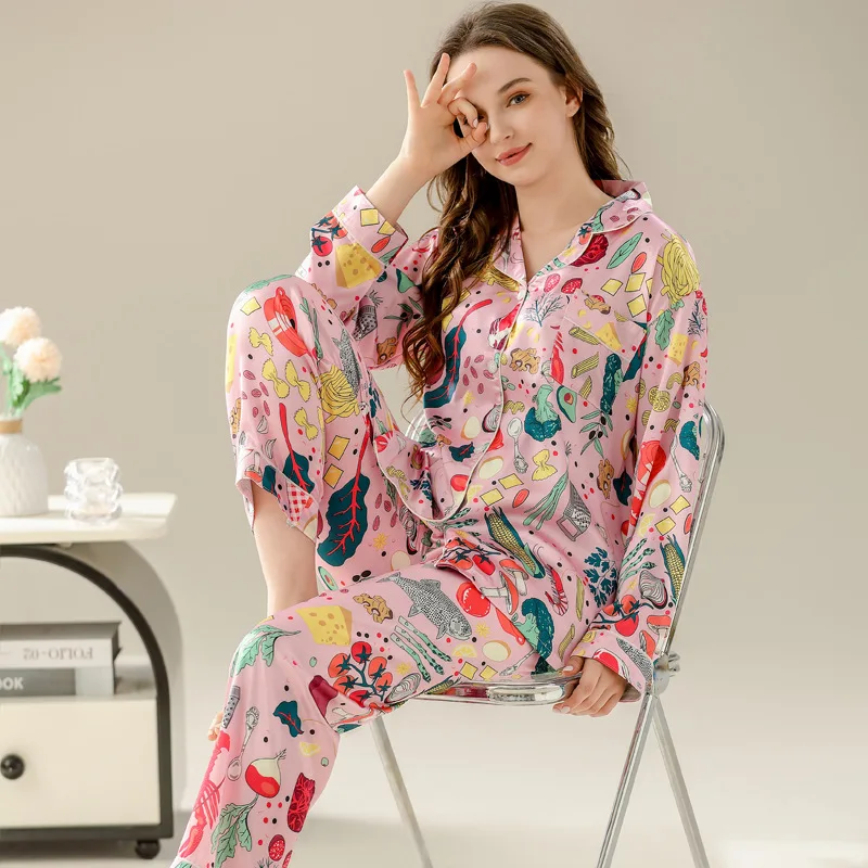 Women-s-Pajamas-Sets-Spring-Autumn-2-Piece-Print-Pyjama-Faux-Silk-Satin ...
