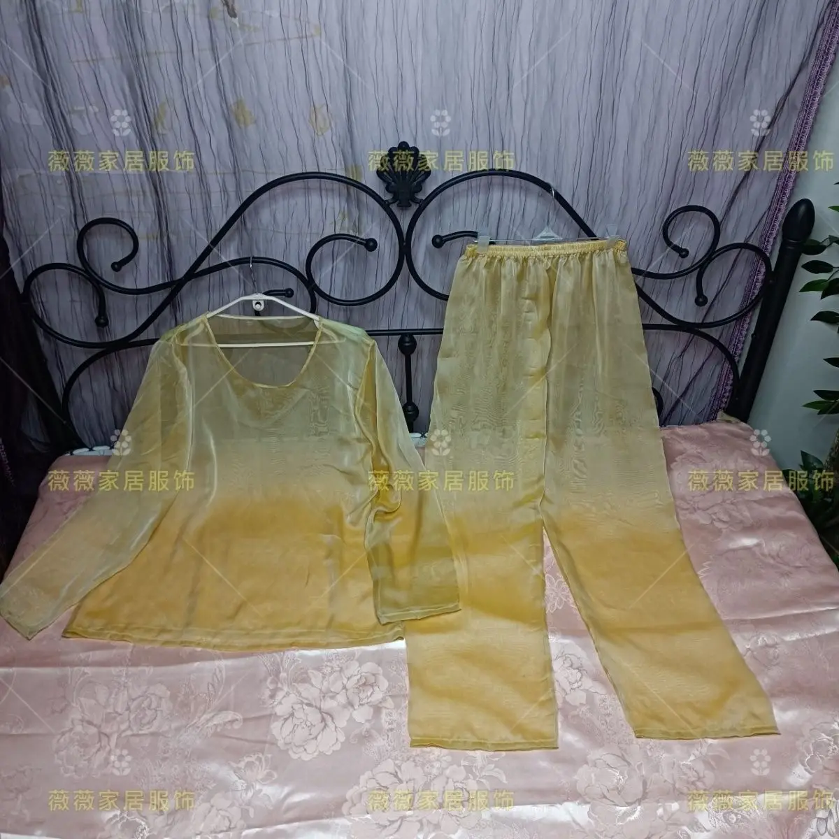 See-through-chiffon-mesh-pajamas-two-piece-set-Women-long-sleeve-loose ...