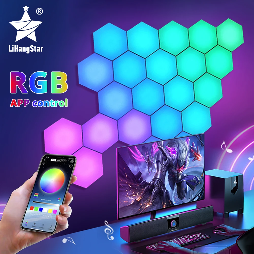 Luz LED hexagonal RGB con Bluetooth para pared interior, luz nocturna ...