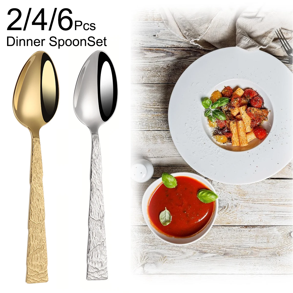 2/4/6Pcs Western Gold Dinner Spoon Set With Hammered Handle Stainless ...