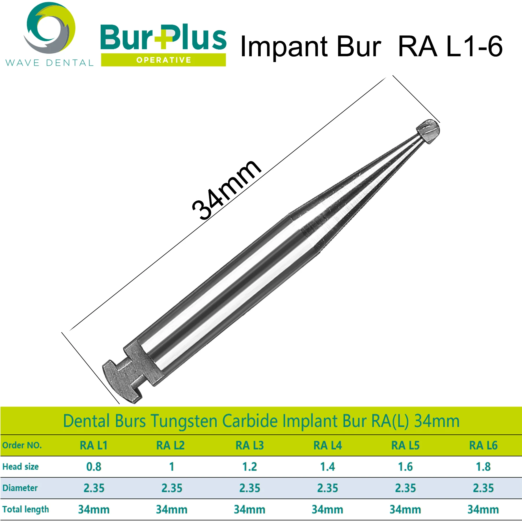 PRIMA WAVE Dental Tungsten Steel Bur Implant Burs Round Ball 34mm ...