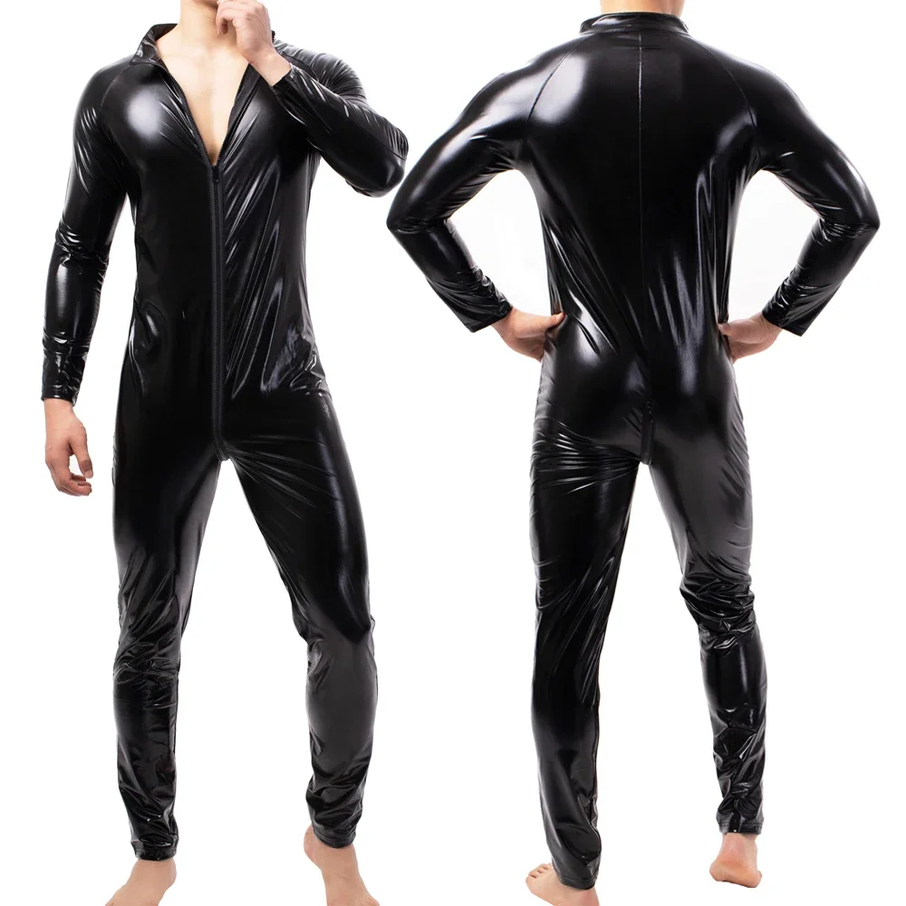Mens-Patent-Leather-Bodysuit-Sexy-Front-Zipper-Leotard-Nightclub-Stage ...