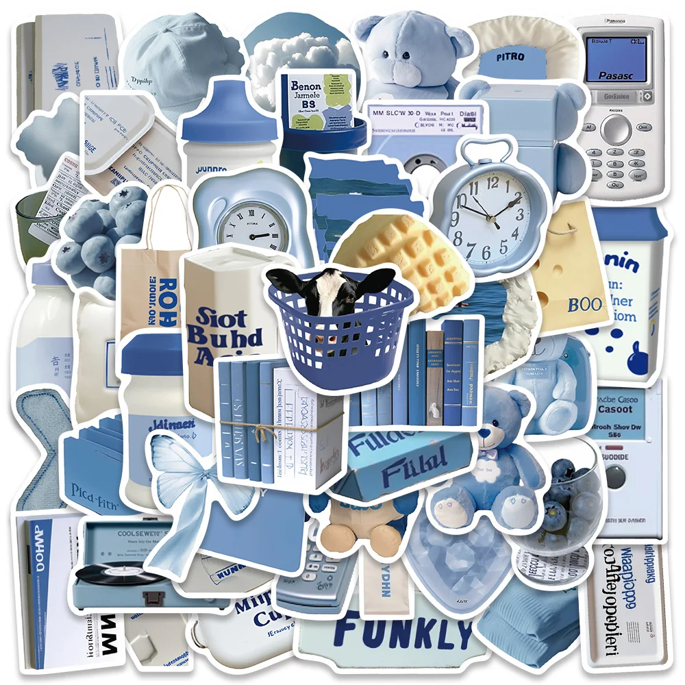 10/30/50pcs Cute Blue Ins Style Stickers Cartoon Decals DIY Decoration ...