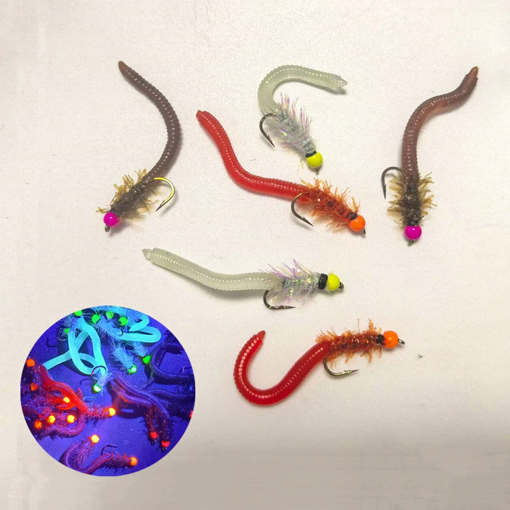 8# 10# Hand tied Fly Fishing flies Squirmy Worm Flies Faux Earthworm ...