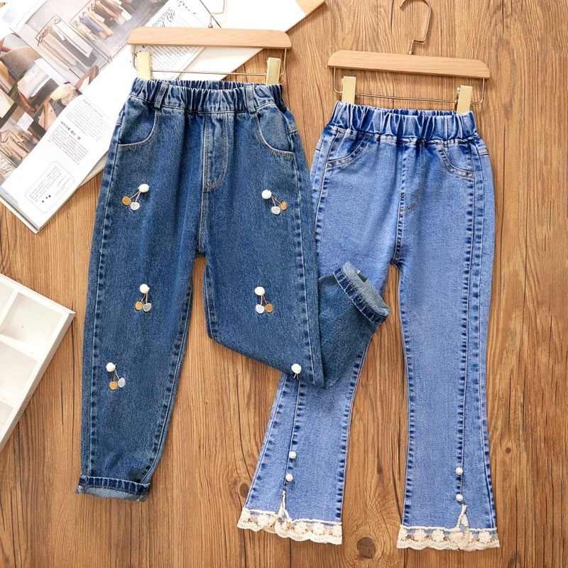 for 1 12 Years Girls Denim Pants Satin Lace Loose Wide Legged Trousers ...