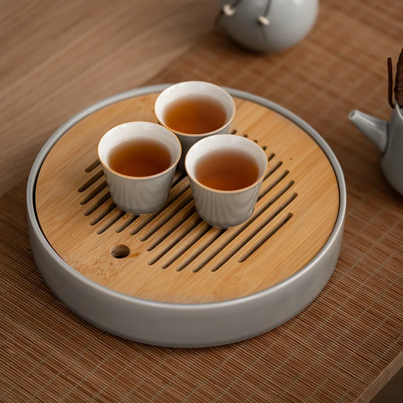Round-Tea-Trays-Bamboo-Chinese-Decor-Ceramic-Teapot-Base-Living-Room ...