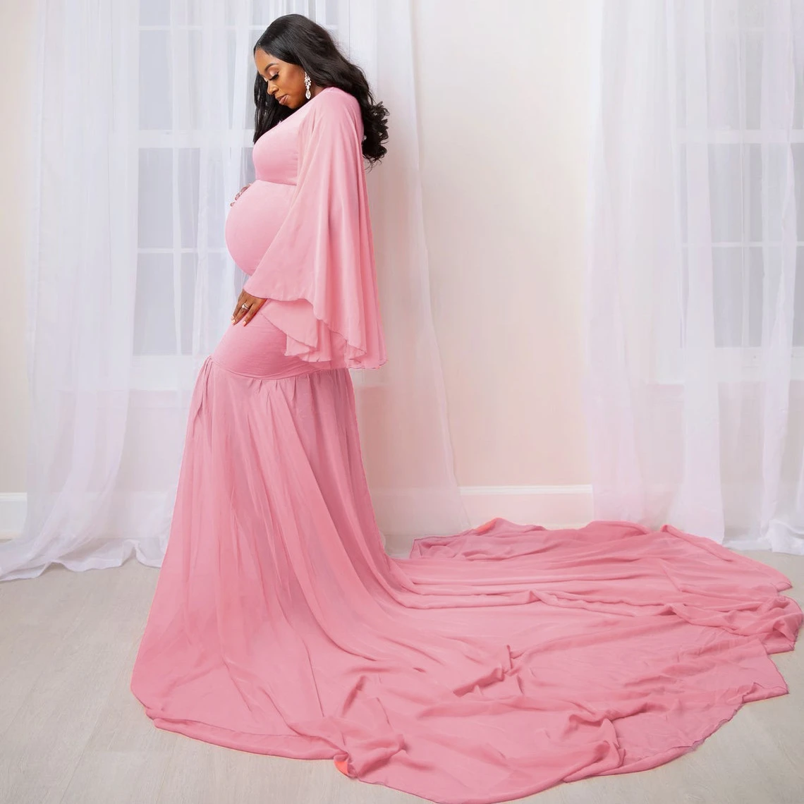 Long Sleeve Maxi Maternity Photography Dresses Photoshoot Fitted Gown ...