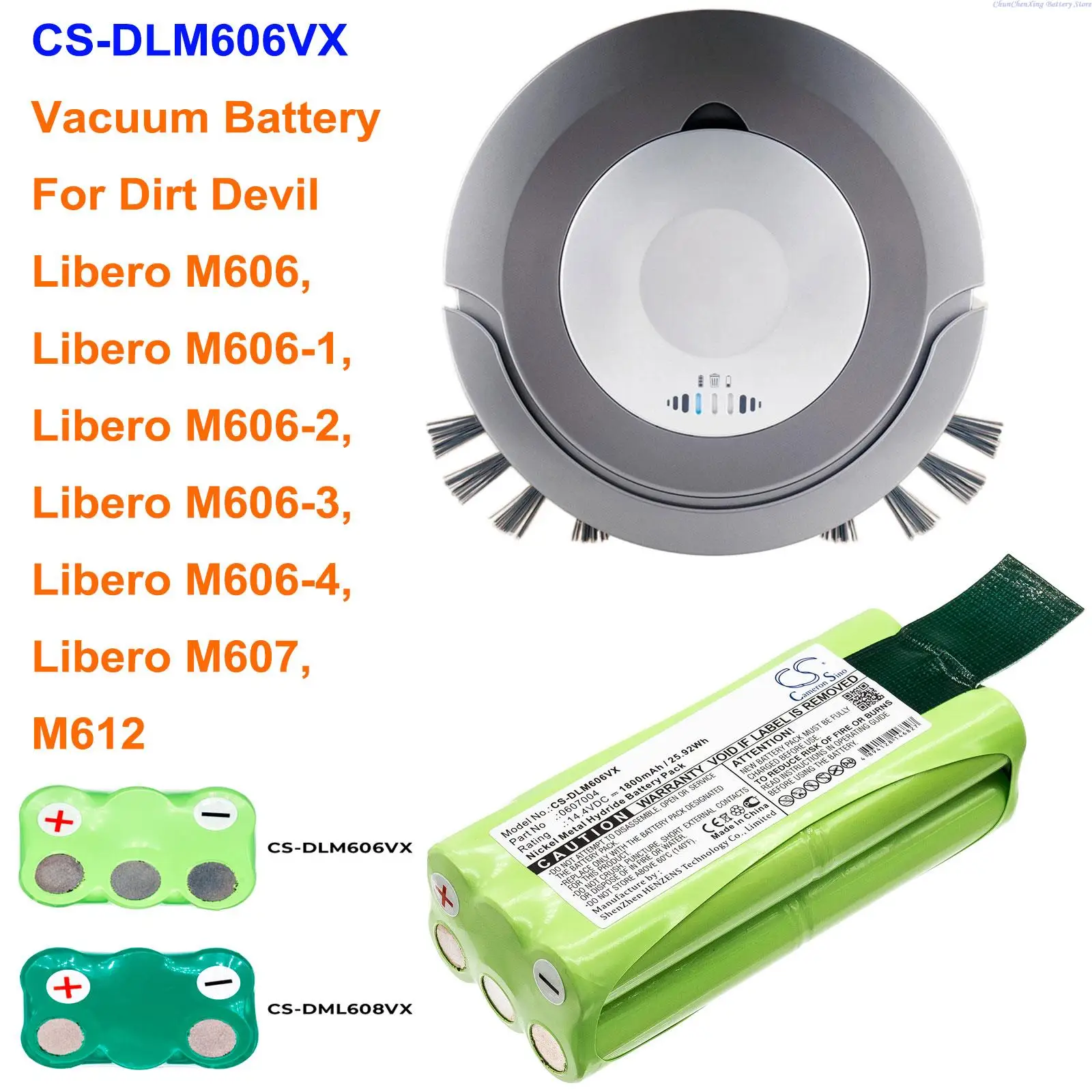 Cameron Sino 1800mAh Vacuum Battery 0607004 for Dirt Devil Libero M606 ...