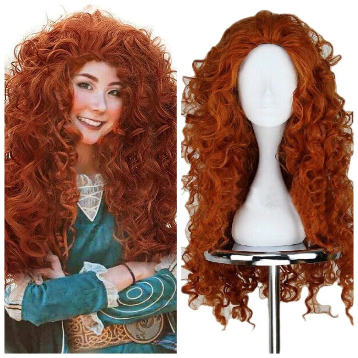 Merida Cos Wig Long Orange Curly Role Play Wig Halloween Synthetic Hair ...
