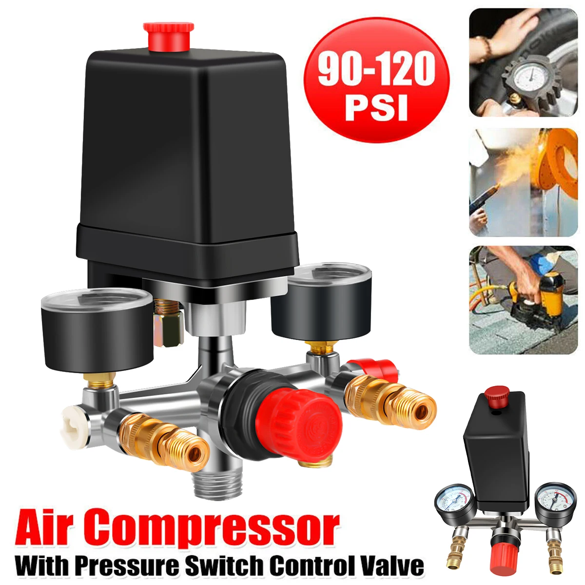 90-120PSI-Air-Compressor-Pressure-Switch-Manifold-Regulator-Gauges-Air ...