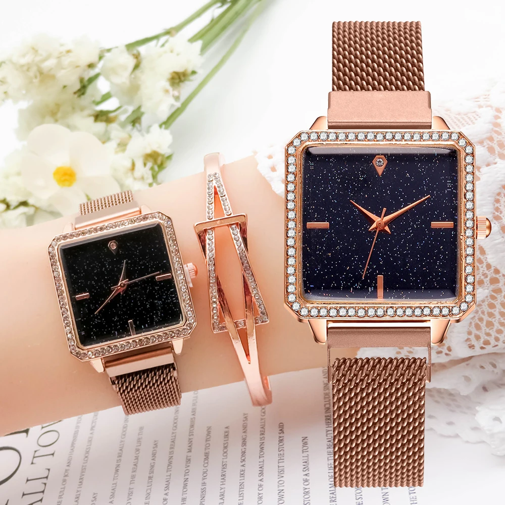 Square Watches For Women Luxury Starry Sky Dial Magnetic Ladies Quartz ...