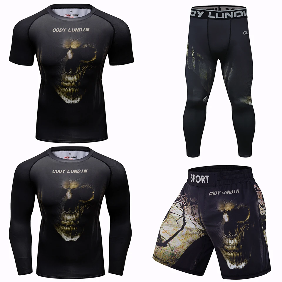 Cody Compression MMA T Shirts+Pants Muay Thai Shorts Men jiu jitsu BJJ ...
