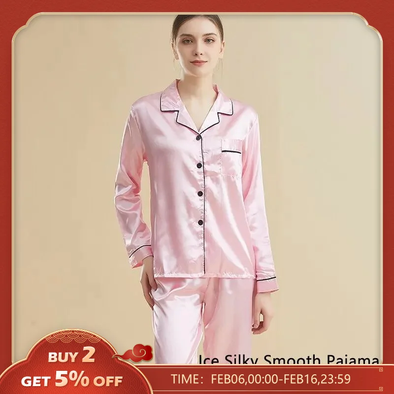 Women-Ice-Silky-Pajamas-Sleepwear-Nightclothes-Pink-Black-L-XL-XXL-Long ...