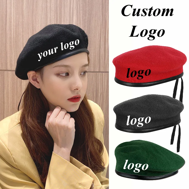 Custom Logo Large Unisex Wool Beret Caps Men Solid Color Pu Edge Army ...