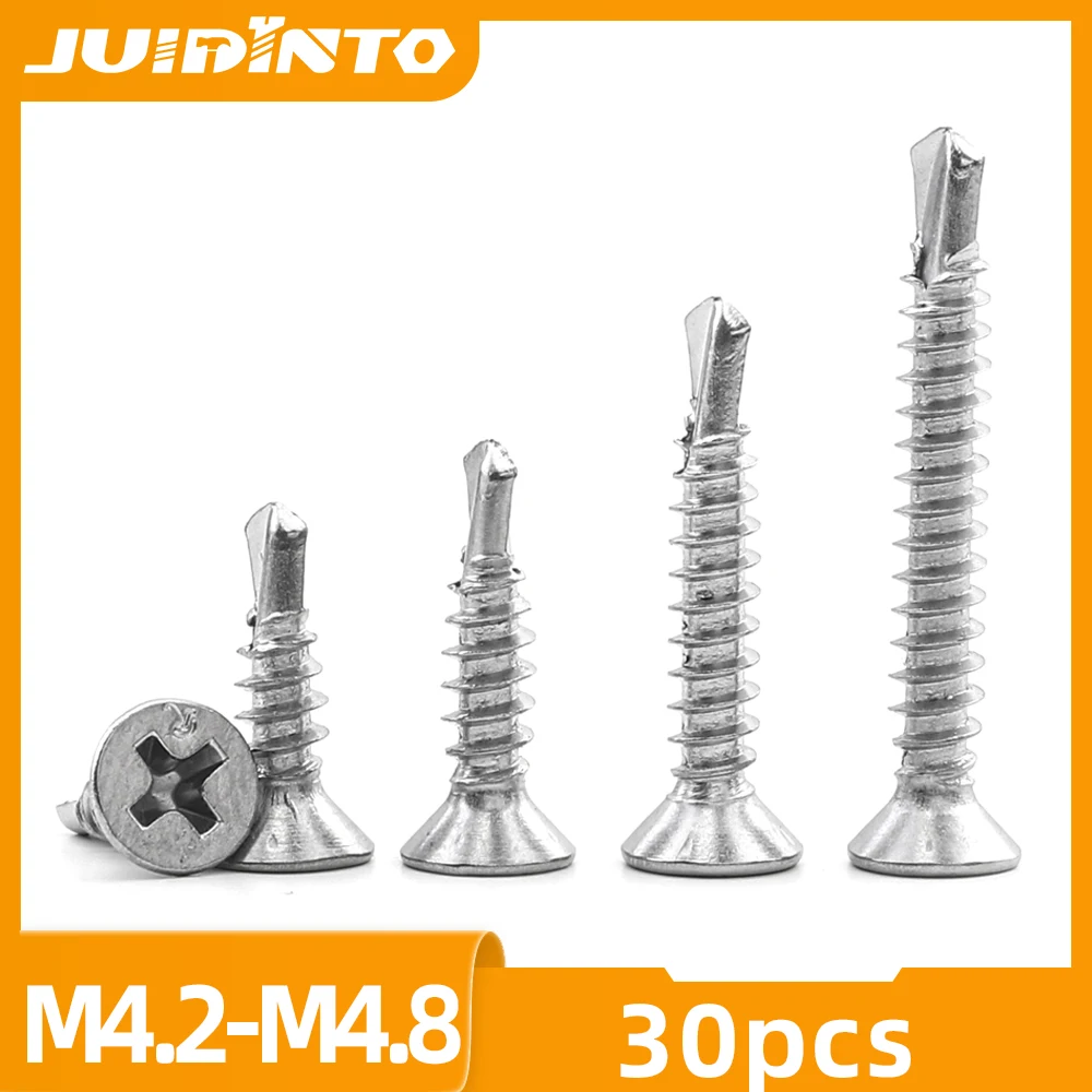 JUIDINTO 30pcs Phillips Flat Head Self Drilling Screw M4.2 M4.8 410 Stainelss Steel Hardiflex ...