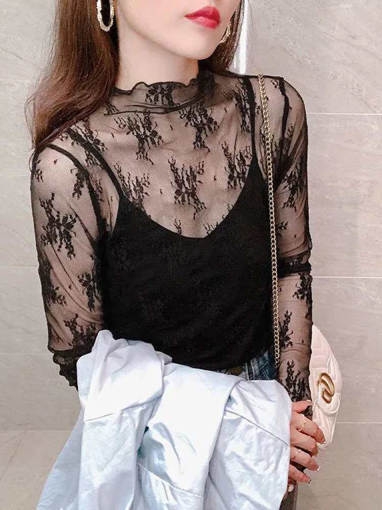 Blusa-de-encaje-con-bordado-Floral-para-mujer-camisa-Sexy-de-malla ...