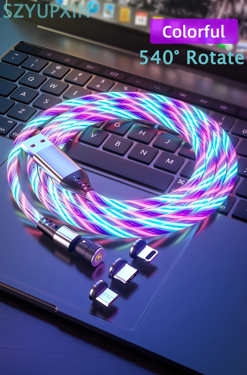 SZYUPXIN Magnetic Charge Cable For iphone 540° Rotate Flowing Glow ...