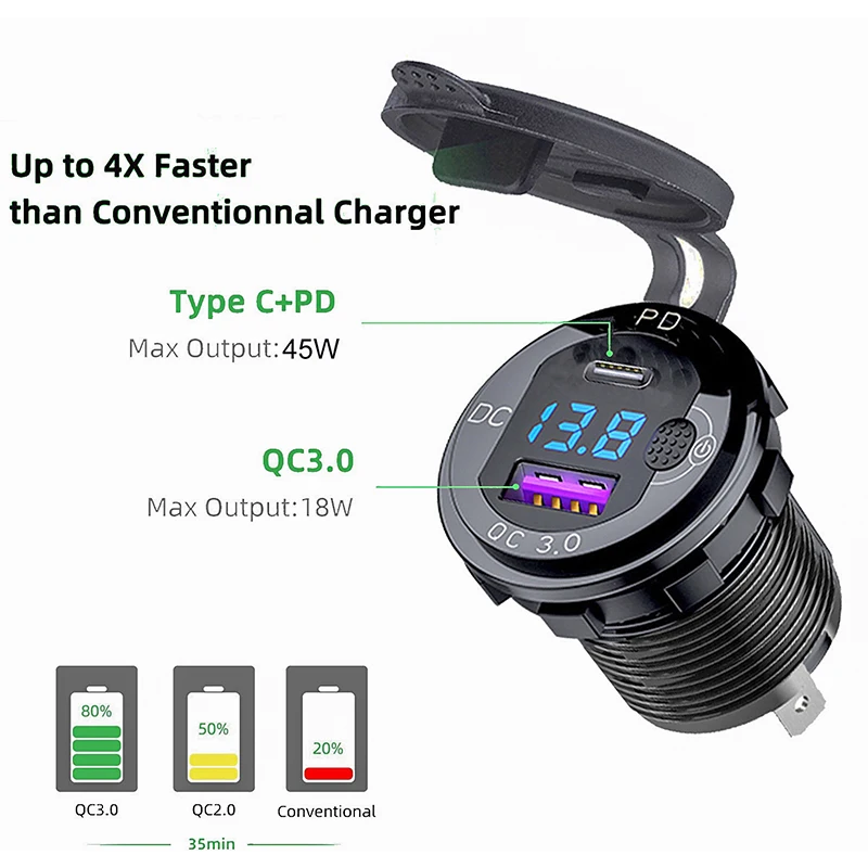 48W 12V/24V Quick Charge Aluminum Type C PD&QC3.0 USB Charger Socket ...