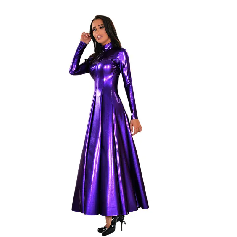 Robe-maxi-en-faux-latex-manches-longues-pour-femmes-longueur-au-sol-col ...