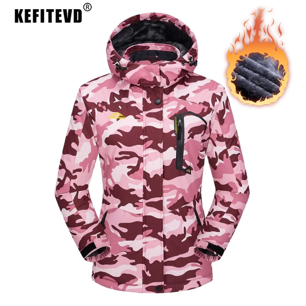 KEFITEVD 겨울 헤비웨이트 스노보드 스키 재킷, 야외 카모 보온 하이킹 재킷 코트, 윈드브레이커 아웃웨어