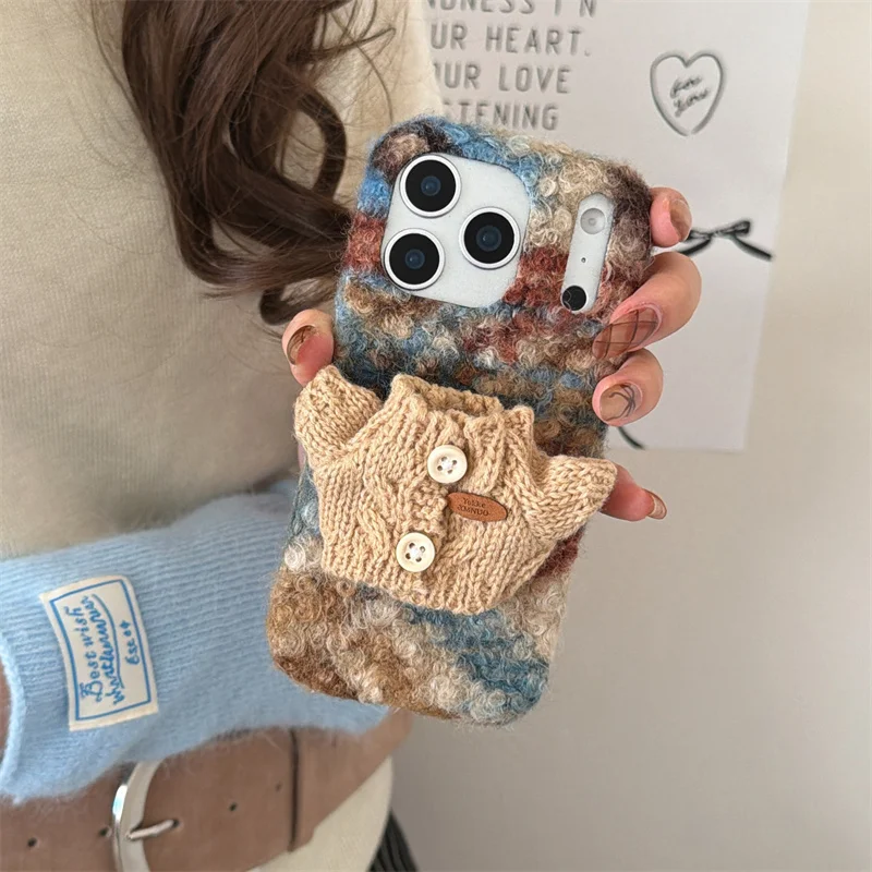 Fashion Color Plush Cute Knitted Sweater Phone Case For iPhone 17 Pro ...