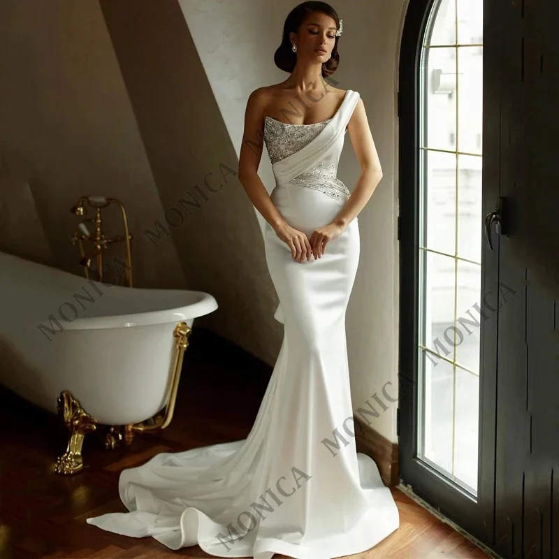 Monica Sexy Mermaid Wedding Dress One Shoulder Satin Slim Beadings ...