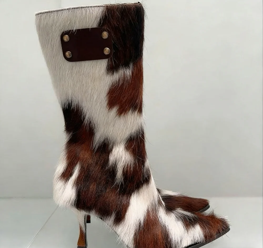 Vogue Cow Print Pointed Toe Mid-Calf Boots Furry Upper Leather Patch ...