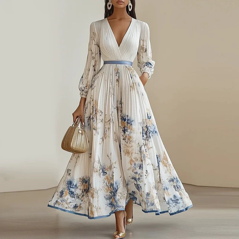 Spring Long Sleeve Boho Maxi Dress Woman Elegant Floral Print A-Line ...