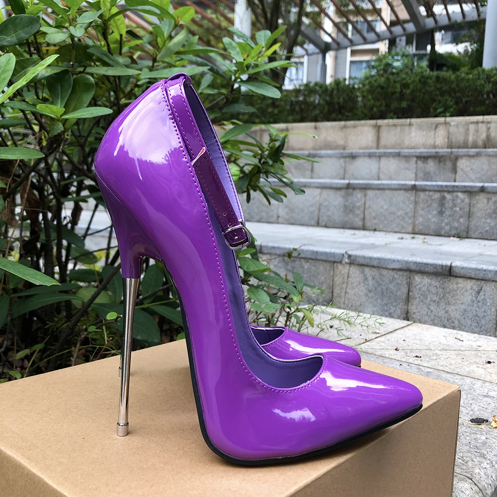 16cm Ultra High Metal Glamorous Women Purple Patent Stiletto High Heels ...