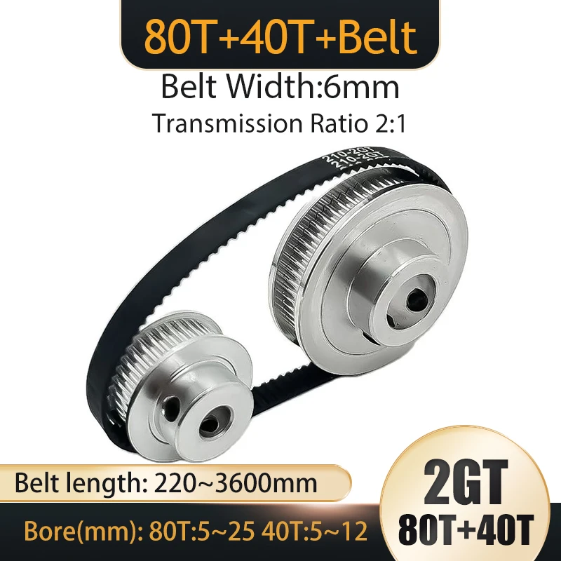2GT 2M 80T:40T GT2 Pulley Teeth Timing Belt Pulley Set Bore 3~14mm ...