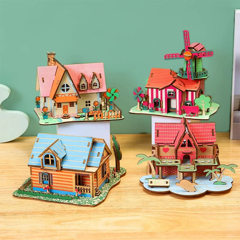 Laser Cutting DIY Houses Villas Building 3D Wooden Puzzle Toy Assembly ...