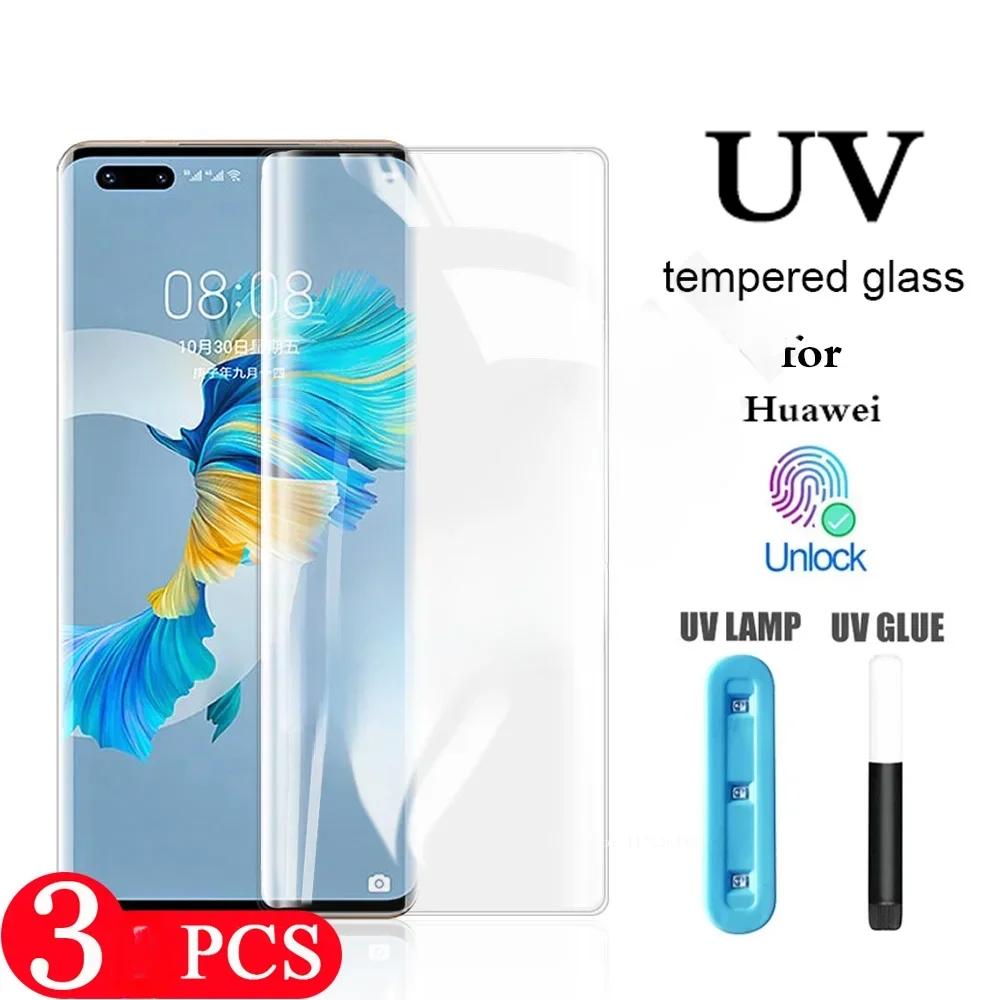 3Pcs Curved Quality Full Glue UV Tempered Glass for Huawei Nova 7 8 P30 ...