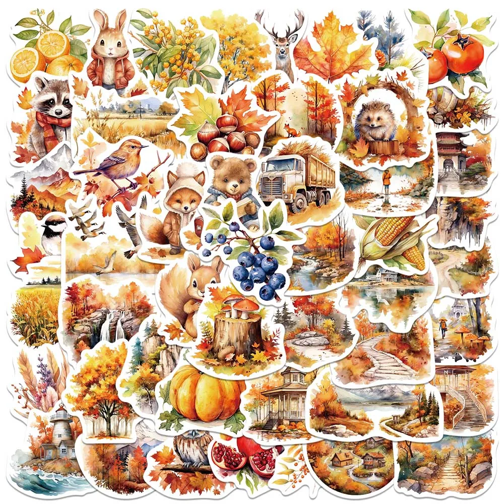 50pcs-Cute-Cartoon-Autumn-Animals-Foods-Stickers-For-Laptop-Water ...