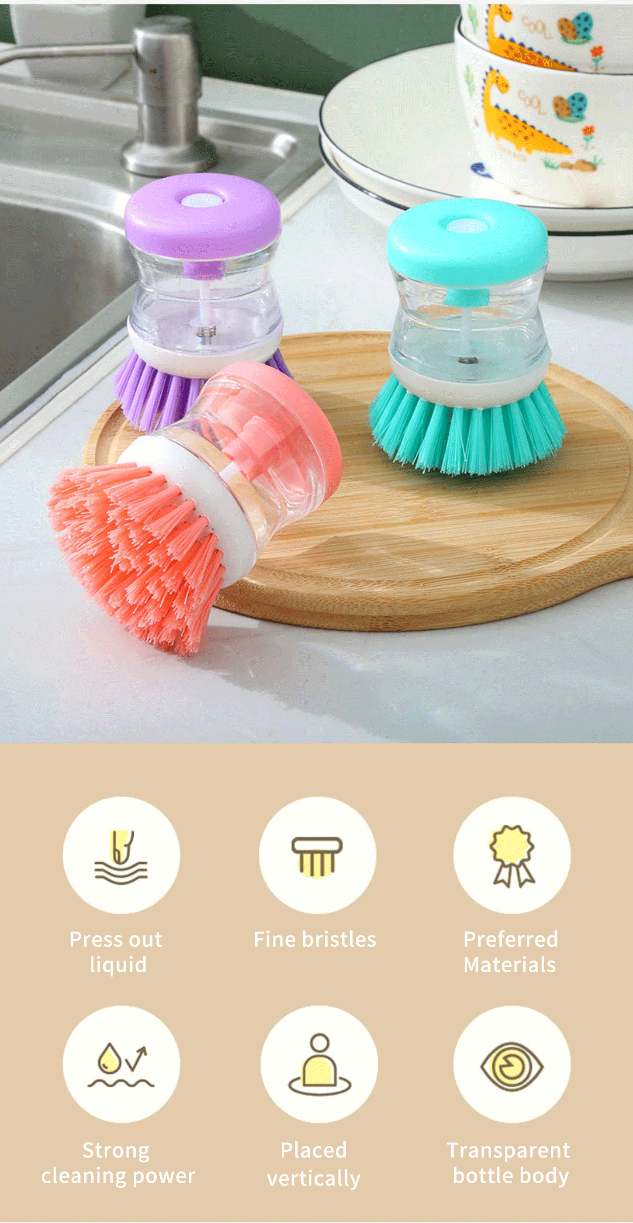 Kitchen Wash Pot Dish Brush Washing Utensils with Liquid Soap Dispenser ...
