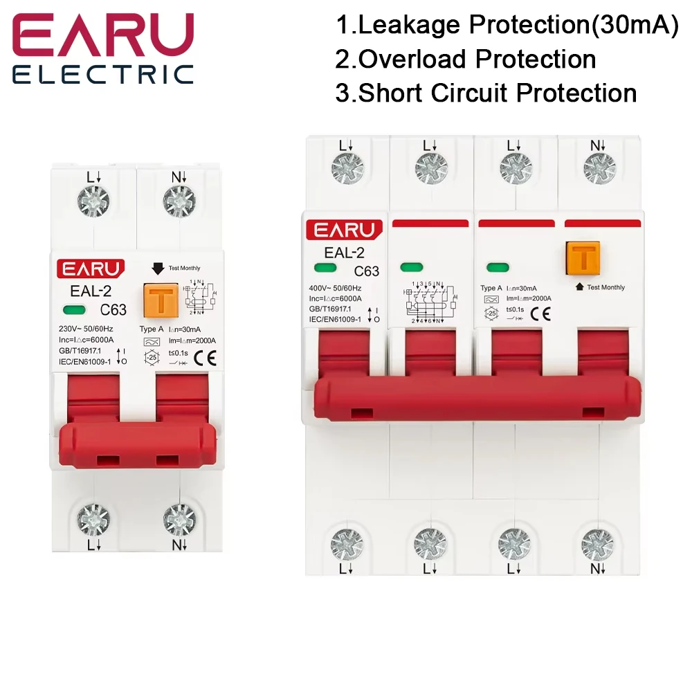 AC 2P 230V 4P 400V tipo A RCBO RCCB MCB disyuntor de corriente Residual ...