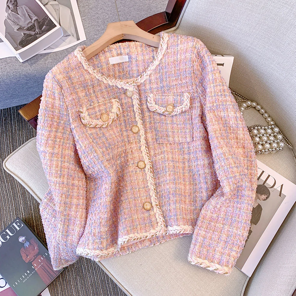 Pink-Plaid-Tweed-Coat-Jacket-Women-s-Outwear-Tops-2022-Autumn-Elegant ...