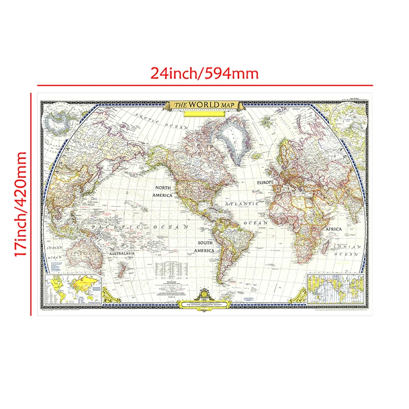 A2 Vintage World Map 1951 Map of World Detailed Poster Wall Chart Retro ...
