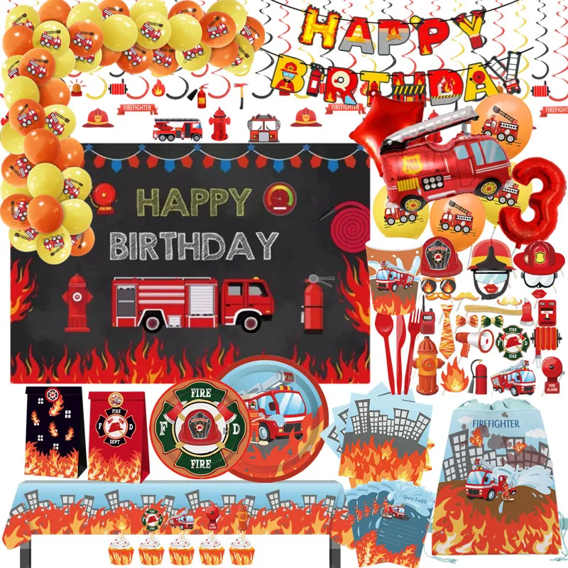 Fire-Truck-Party-Supplies-Plates-Napkins-Cups-Tablecloth-Banner ...