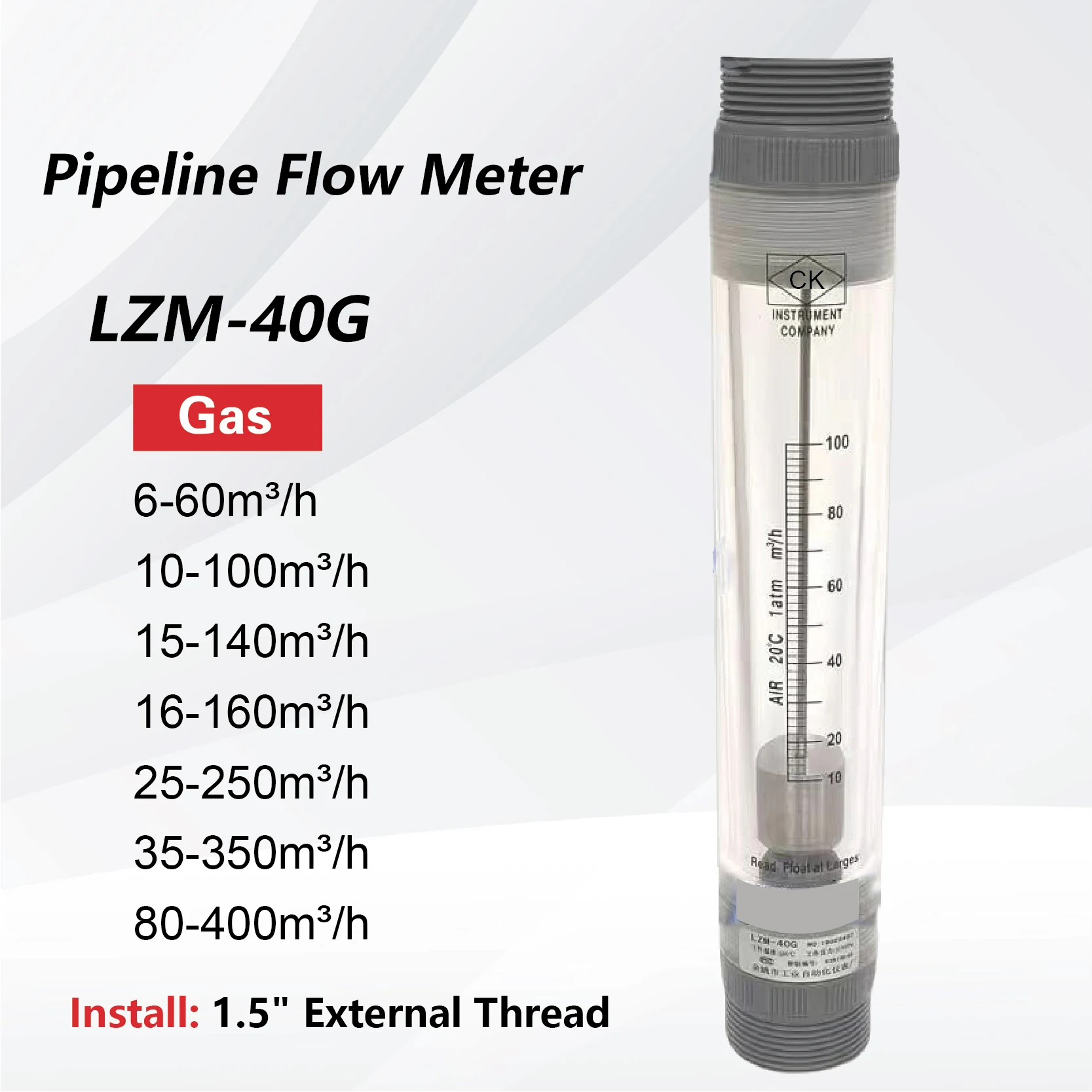 LZM-40G Pipeline Acrylic Gas Flow Meter Rotameter Compressed Air Flow ...