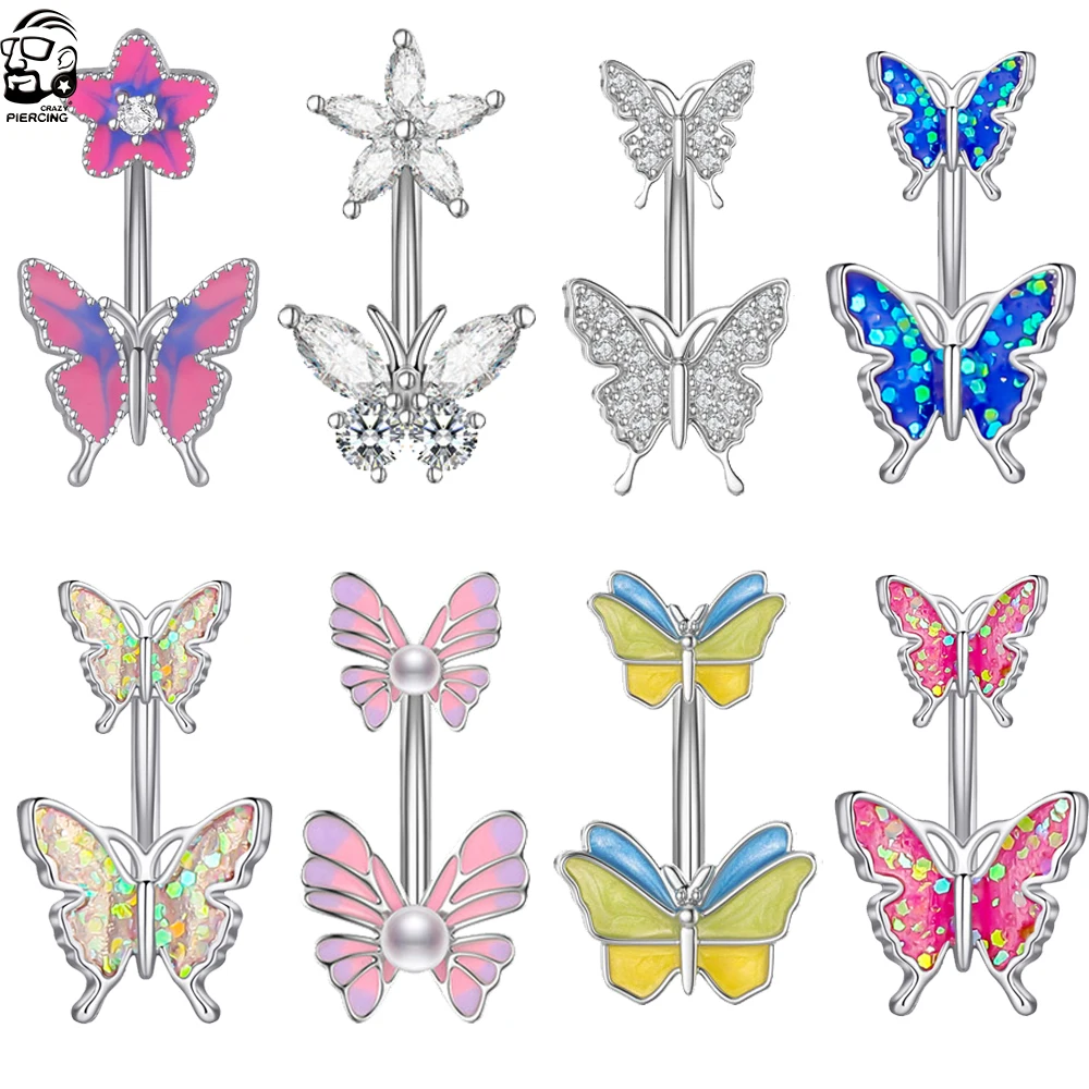 Cute Flower Butterfly Steel Navel Piercings Ombligo for Women Girls Shiny Crystal CZs Belly ...