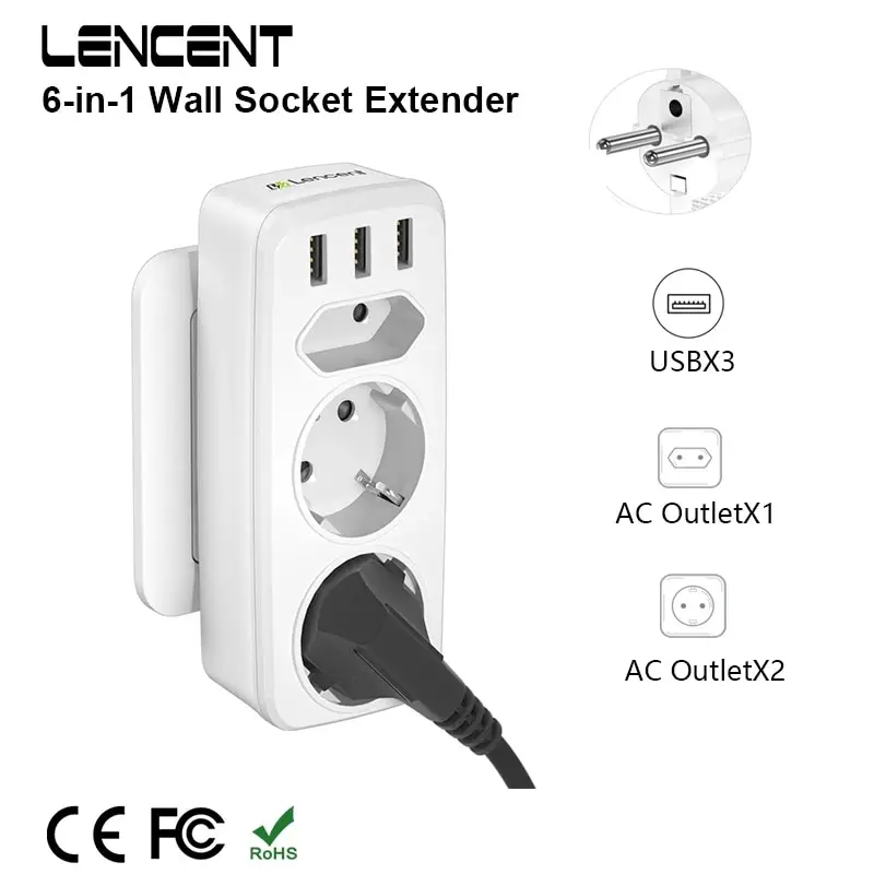LENCENT EU Plug 6-in-1 Wall Socket Extender with 3 AC Outlet 3 USB ...