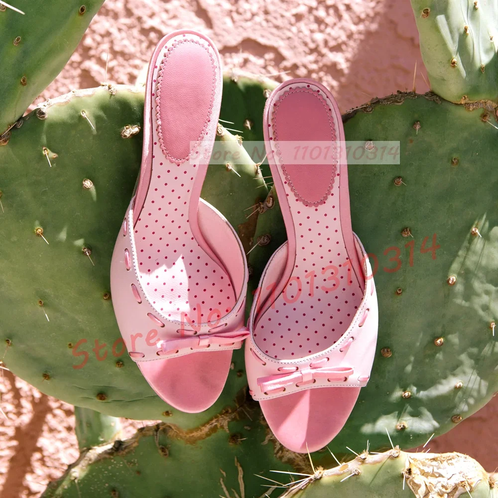 Lovely Pink Bow Dots Slippers Women Open Toe Print Satin Shoes With ...