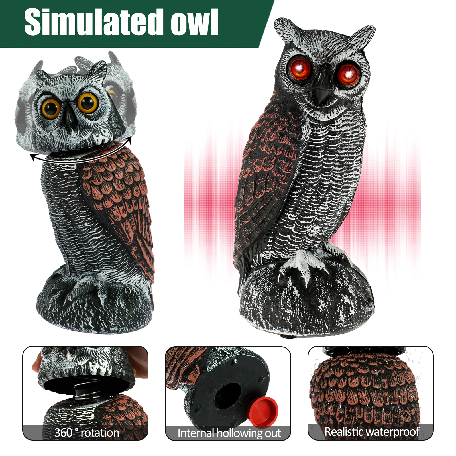 Realistic Solar Fake Owl Decoy Plastic Owl Scarecrow Sculpture with Red ...