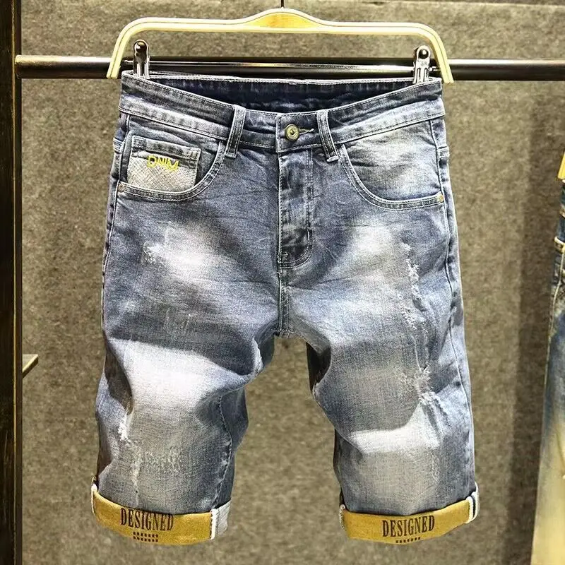 Luxo-dos-homens-angustiado-Denim-Shorts-Jeans-rasgado-Jeans-lavado ...