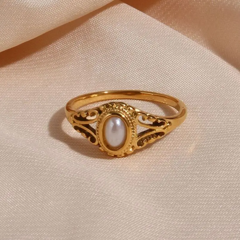 2023 New Thin 18K Gold Plated Hollow Texture Natural Freshwater Pearl Rings For Women Stainless Steel Tarnish Free Gold Ring AliExpress