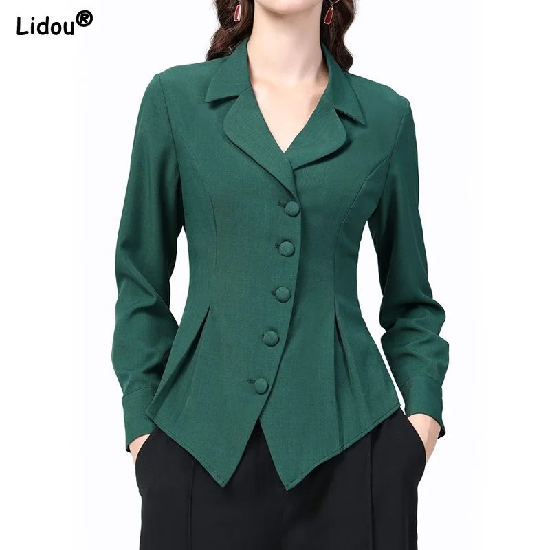 Temperament-Skinny-Solid-Notched-Pleated-Button-Elegant-Blazers ...